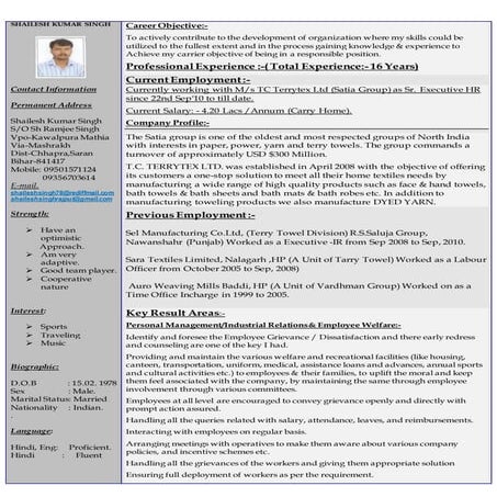 Resume for the post in HR | DOCX