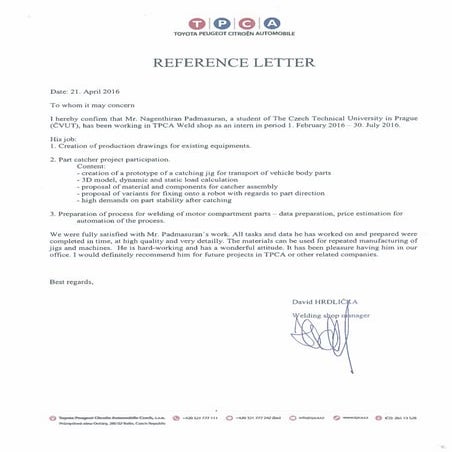 Recomendation letter_TPCA Welding shop manager Mr.David Hrdlicka | PDF