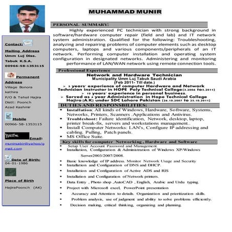 Munir sabir c.v | DOCX | Computing | Technology & Computing