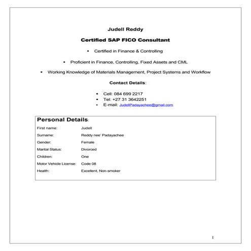 SAP Curriculum Vitae Judell Reddy_3 | DOC | Business Accounting & Finance | Business