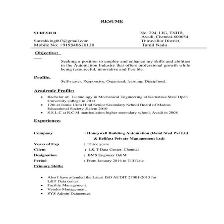Suresh Resume CV | DOC | IT and Internet Support | Internet