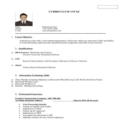 Zaid Cv 1 | DOC | Computing | Technology & Computing
