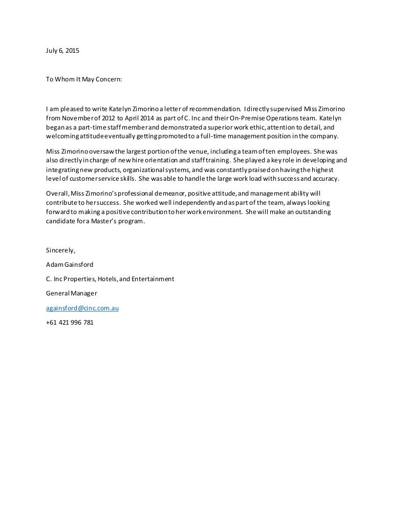 C. Inc Letter of Recommendation