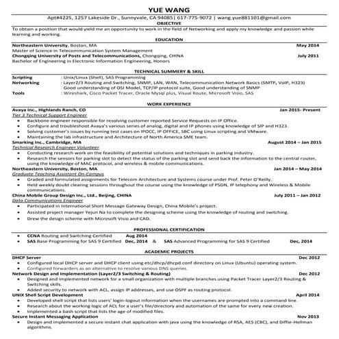 Yue_Wang_Resume 2015 Update | PDF | Computer Networking | Computing