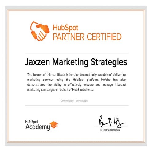HubSpot Partner Certificate - Jaxzen Marketing Strategies | PDF