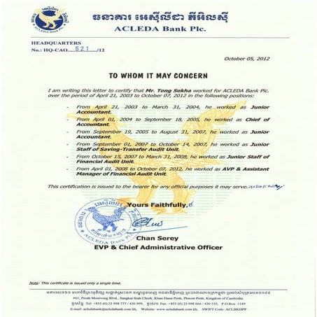 ACLEDA - WORK CERTIFICATE | PDF