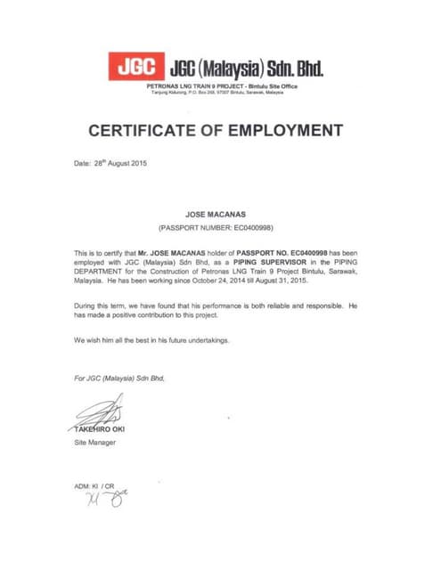 Experience letter_JGC | PDF