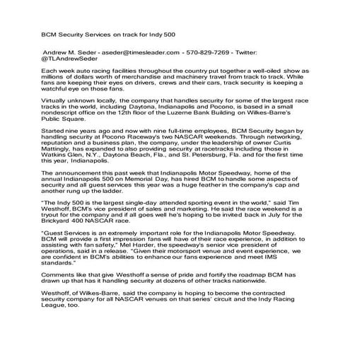 BCM Security Services on track for Indy 500 | DOCX