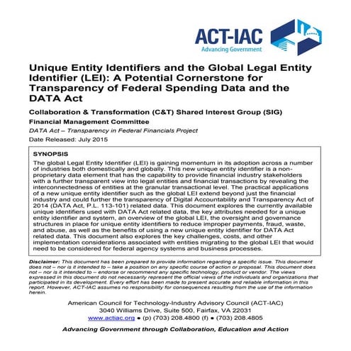 Unique Entity Identifiers and the Global Legal Entity Identifier - CT ...