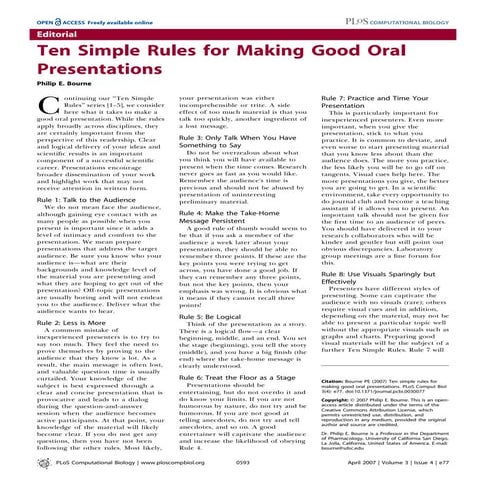 Bourne, 2007-10 simple rules for making good oral presentations | PDF