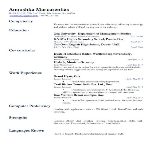 ANOUSHKA CV | DOC | Hospitality Industry | Industries