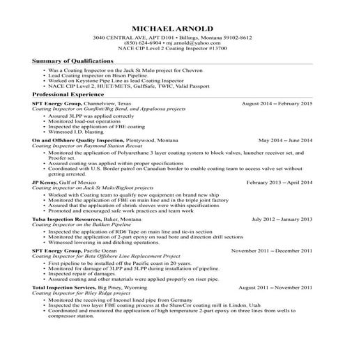 Michael J. Arnold's Resume (NACE CIP Level 2 Coating Inspector) | DOC