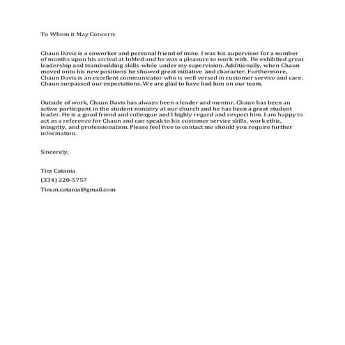 Reference Letter Chaun Davis - Tim Catania | DOCX | Business | Business and Finance