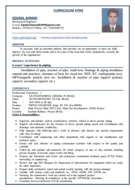 PIPING SUPERVISOR RESUME | DOC