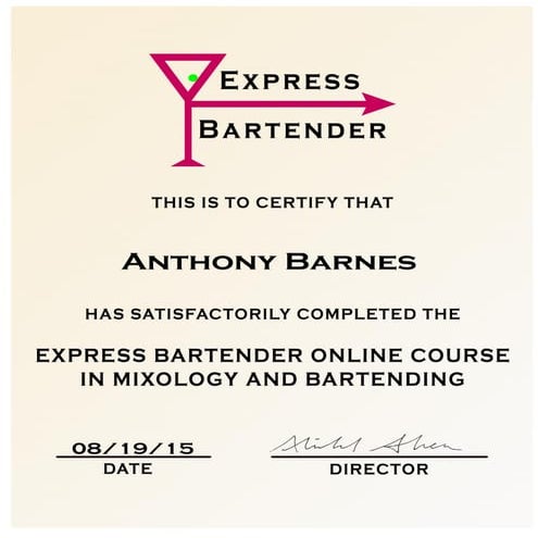 Express Bartender Certificate - Anthony Barnes | PDF
