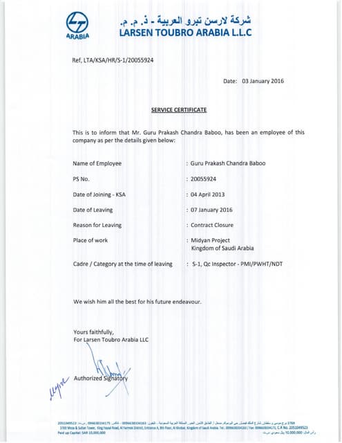 L&T Certificate | PDF