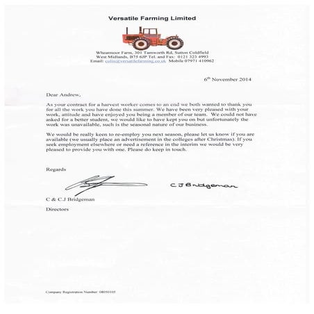 Versatile Farming Ltd Letter of Recommendation | PDF