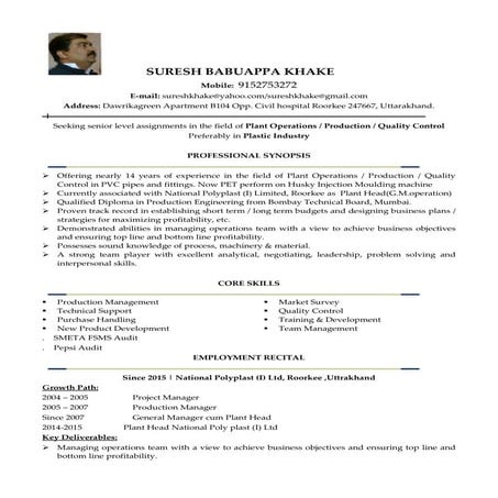 Resume for plant head suresh khake | PDF