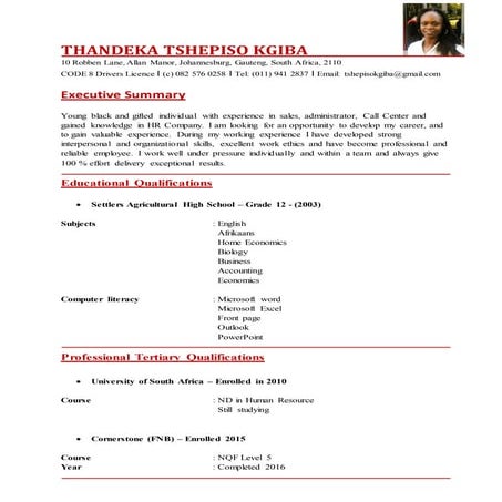Resume of Thandeka Tshepiso Kgiba | PDF