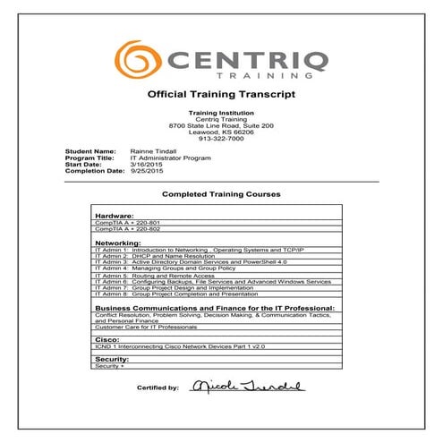 Rainne Tindall IT Admin transcript with CISCO | PDF | Computing ...