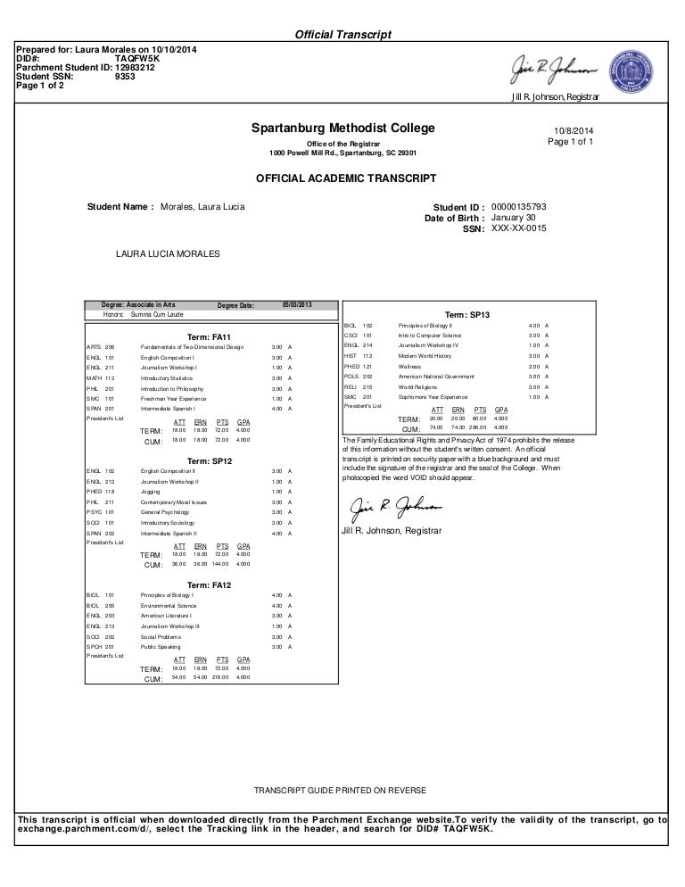 Laura Morales, Spartanburg Methodist College Transcript
