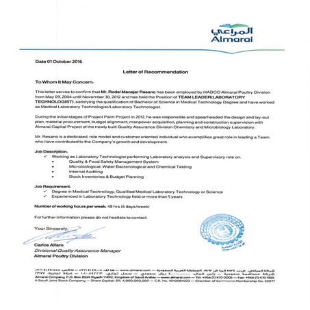 Letter of Support MLT Almarai-R.Resano | PDF