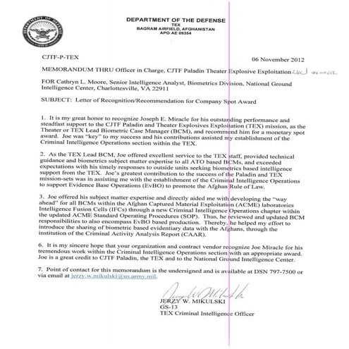 Joe Miracle Letter of Recommendation 6Nov12 | PDF