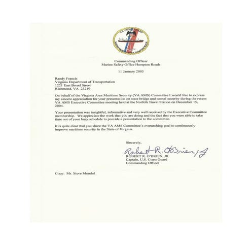 Letter of Appreciation from the Captain of the Port U.S. Coast Guard ...
