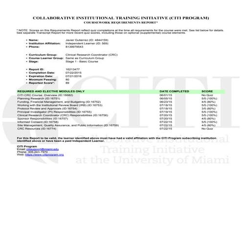 Angela Carlsson CITI Completion Report | PDF