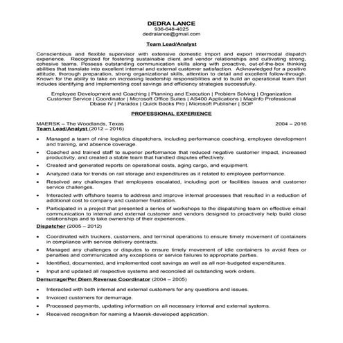 Dedra Lance resume | DOC