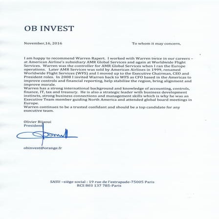 CEO Olivier Bijaoui Reference Letter | PDF
