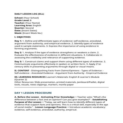 daily lesson log english 8 templates | DOCX