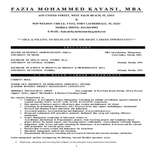 FAZIA MOHAMMED KAYANI MBA-RESUME-Updated | PDF
