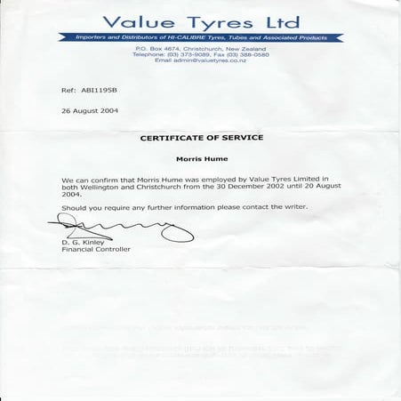 Value Tyres Certificate of Service 26 August 2004 | PDF