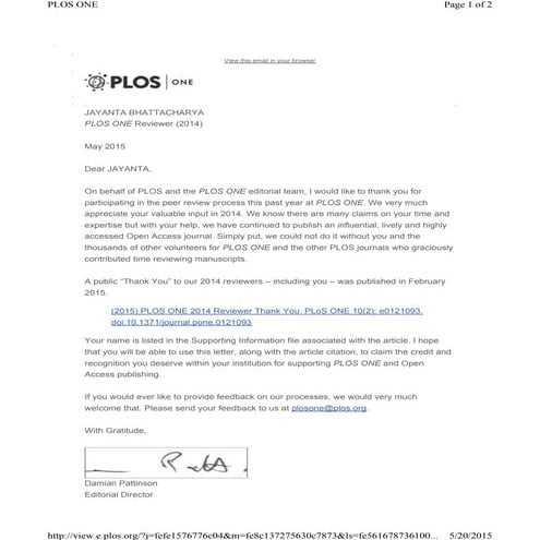 PLoS One Thank You Letter | PDF