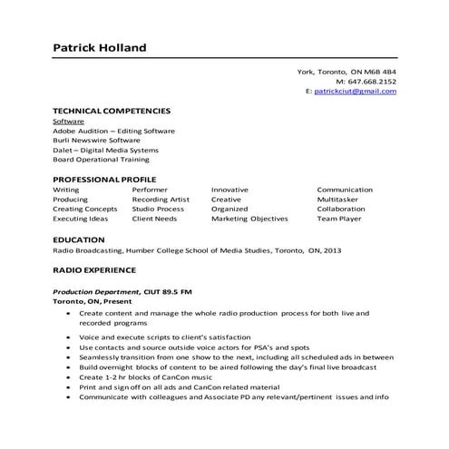 Radio Resume 2016 | DOCX