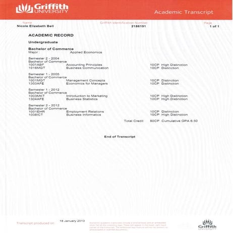 N Bell Academic Transcript - Griffith University | PDF
