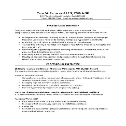 Tara Papacek NNP Resume 2015 | DOC | Parenting Babies and Toddlers ...