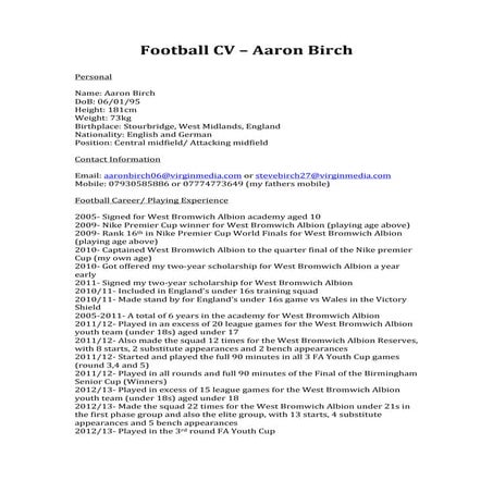Football CV – Aaron Birch | PDF
