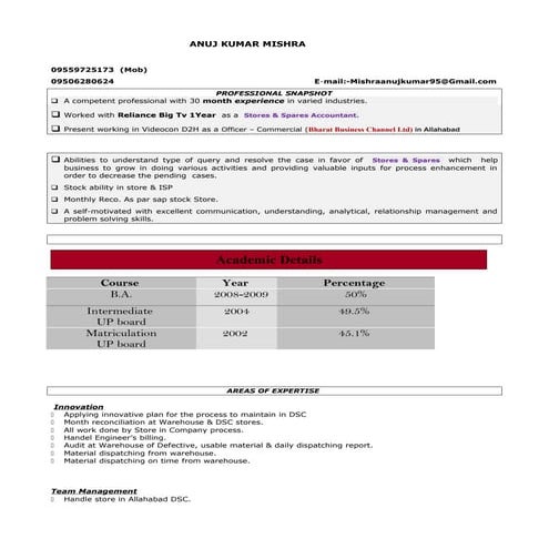Anuj Kumar Mishra Resume | DOC
