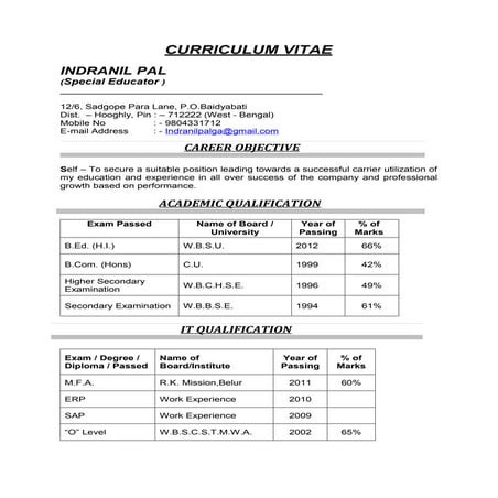 Indranil Pal CV (SPECIAL EDUCATOR) | PDF