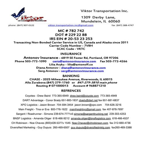 Viktor Transportation Inc Set Up Pack | PDF