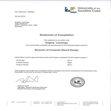 8. Course Completion Letter Bachelor in Computer-Based Design – USC | PDF