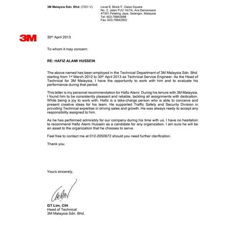 Support Letter - 3M Malaysia Sdn Bhd | PDF