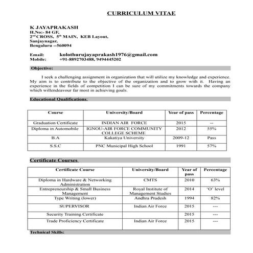 K Jayaprakash Resume | DOC
