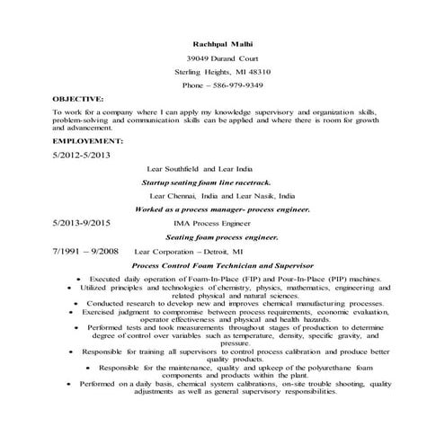 Resume IMA2 (1) | DOCX | Manufacturing Industry | Industries