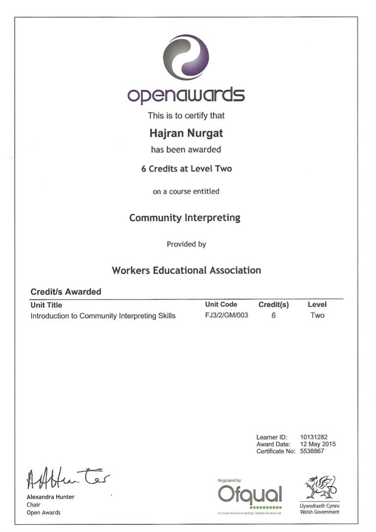 WEA Open Awards Certificate