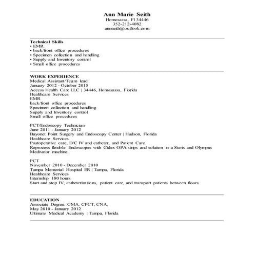Ann Seith Resume 2015 | DOCX | Healthcare Industry | Industries