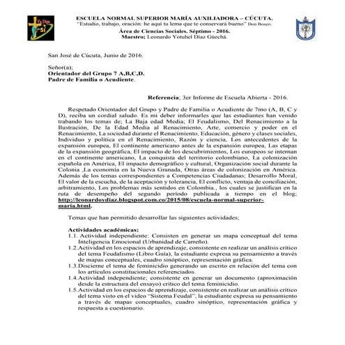Informe escuela abierta 1octavo | PDF