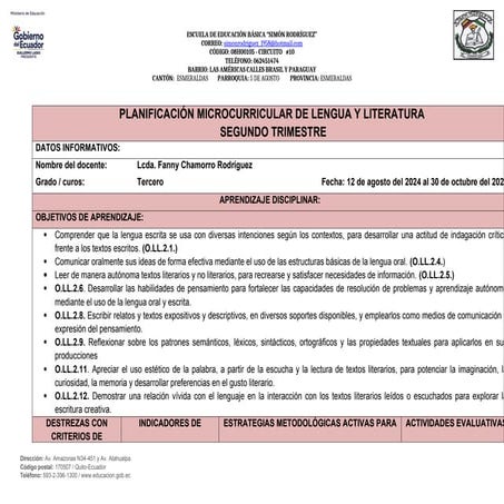 PLANIFICACIÓN DE LENGUA Y LITERATURA DEL TERCER AÑO DE EDUCACIÓN BÁSICA ...